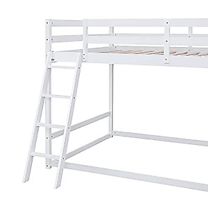 BOVZA Full Over Full Bunk Beds with Slide, Wood Floor Low Bunk Bed Frame with Storage Shelves and Ladder for Kids Boys Girls Teens, White