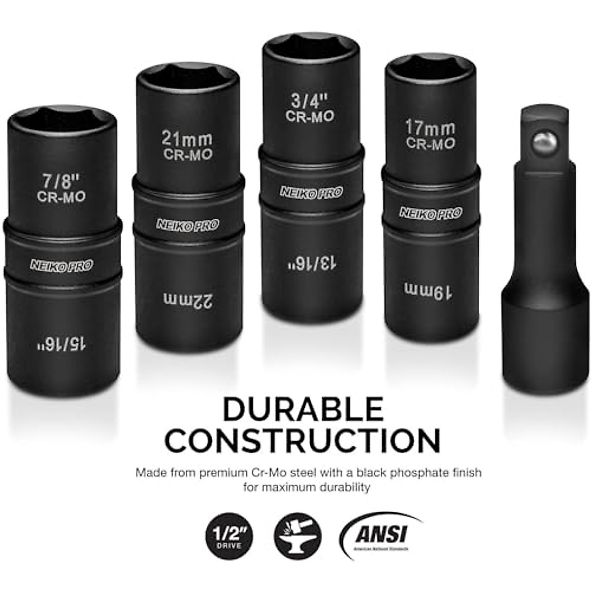 NEIKO 02282B 1/2-Inch-Drive Impact Socket Set, Flip Socket Set, Chrome Moly Steel, Includes 3-Inch Bar Extension, 8 Deep SAE and Metric Sizes, 5 Pieces