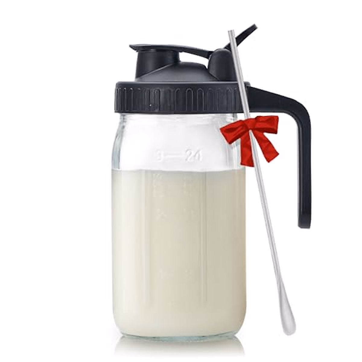 Mason Jar Pour Spout Lid - 32oz Black Glass Pitcher with Lid & Mixing Spoon Food Grade and Safe, 1 Quart Sturdy Wide Mouth Nice for Breastmilk, Drink, Iced Tea, Juice