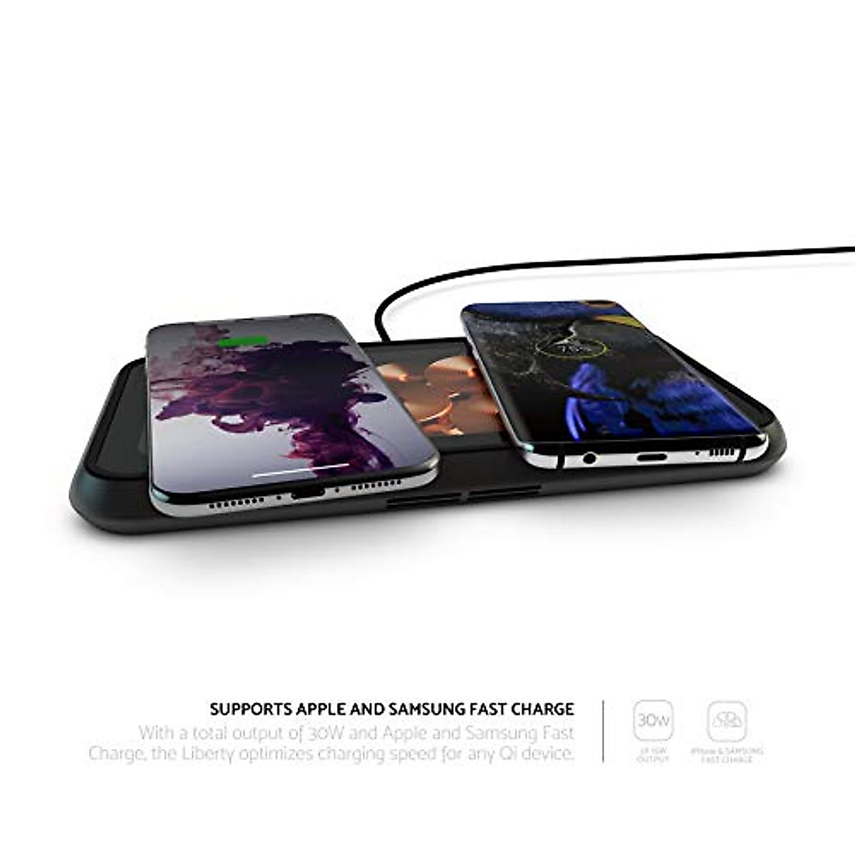 ZENS Liberty 16 Coil Dual Wireless Charging Pad with Glass Surface - 2x15W Output - Supports Apple and Samsung Fast Charge - Works with All Phones with Wireless Charging