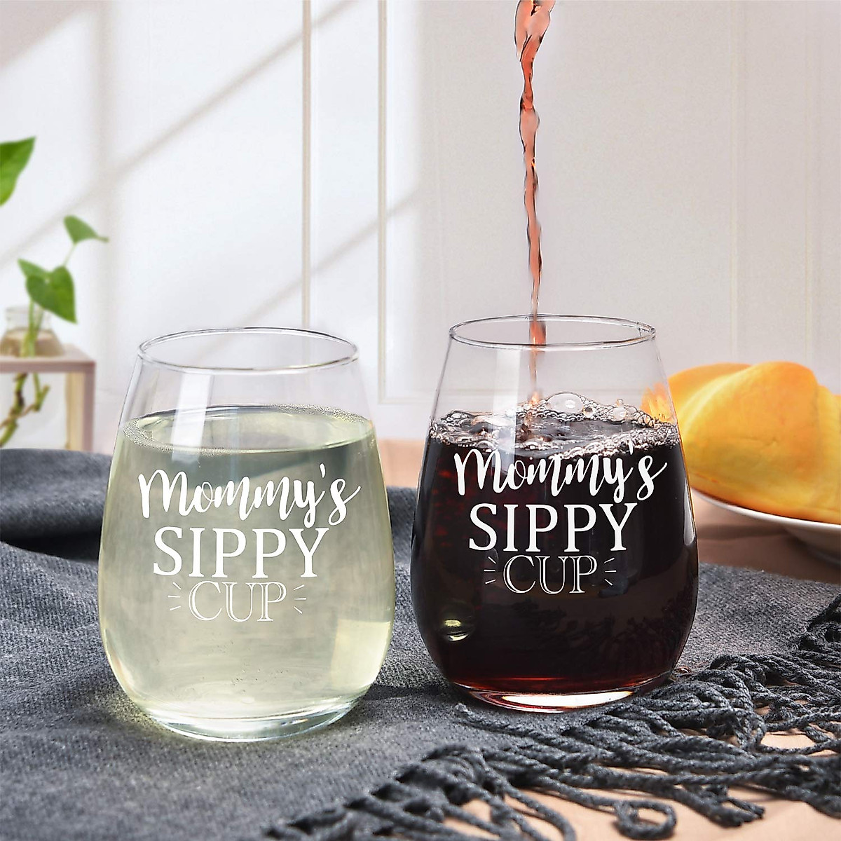 Mommy's Sippy Cup Stemless Wine Glass 15oz Funny Wine Glass, Gift Idea for Mother's Day Birthday Christmas, Wine Gifts for Mom, Women, New Mom, Pregnant Mom