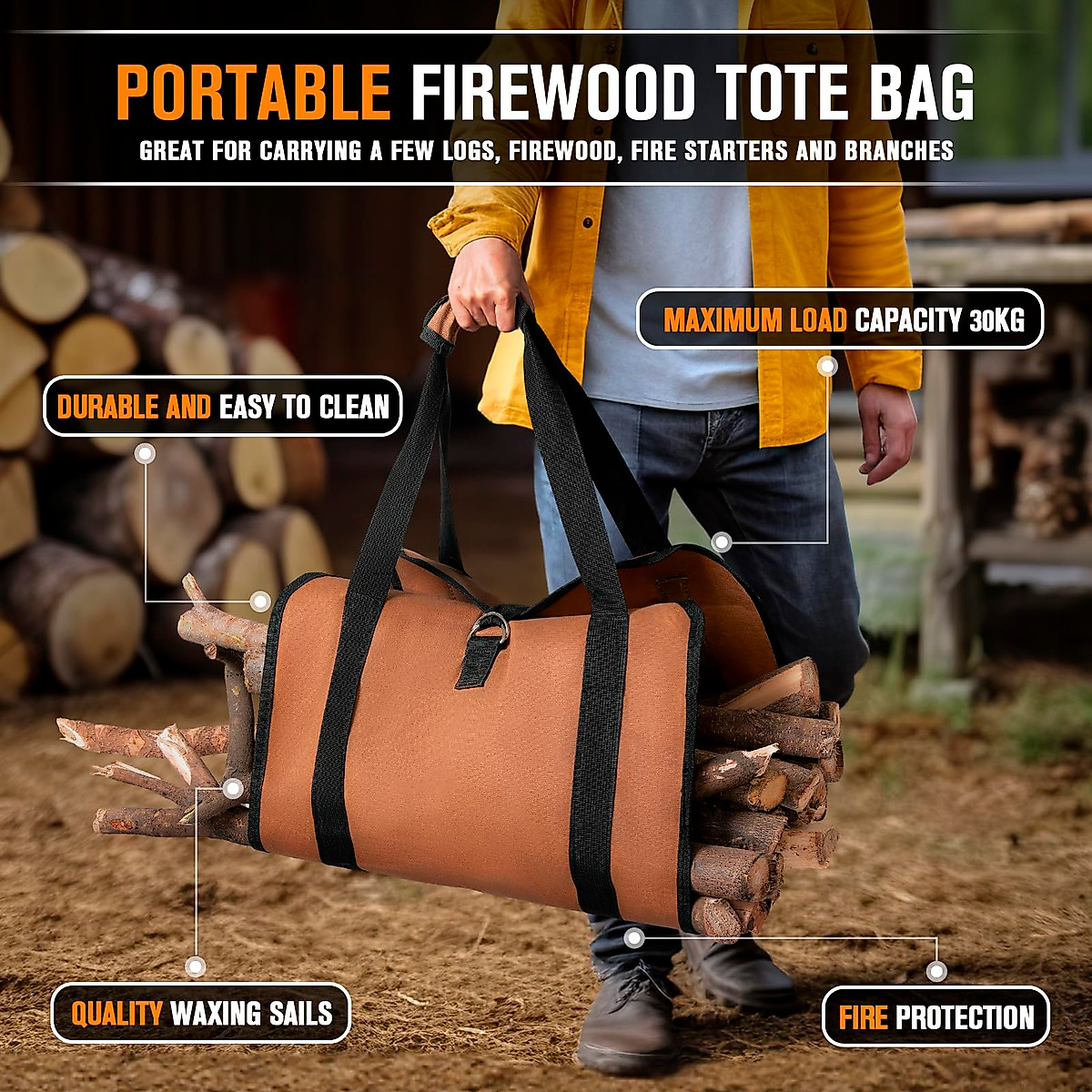 Firewood Carrier + Fire Poker + Fireplace Tongs - Fire Pit Tools for Indoor and Outdoor Use, Log Carrier for Firewood, 32 Inch Fire Poker, 26 Inch Fire Tongs, Fireplace Tools