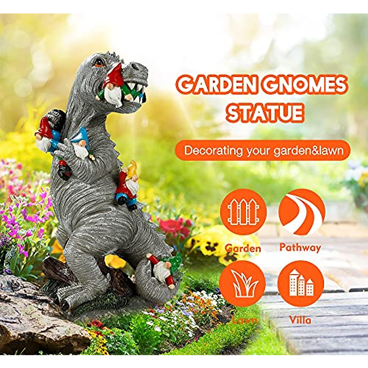 Himaweek Garden Statue Outdoor Decoration, Dinosaur Eating Gnomes Figurines, Indoor Outdoor Décor Garden Art for Patio Lawn Yard, 13.5” x 7.6” Housewarming Garden Gift
