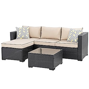 Walsunny Patio Furniture Set 3 Piece Outdoor Sectional Patio Sofa, All Weather Wicker Rattan Outdoor Furniture with Glass Table and Cushions(Black/Khaki)