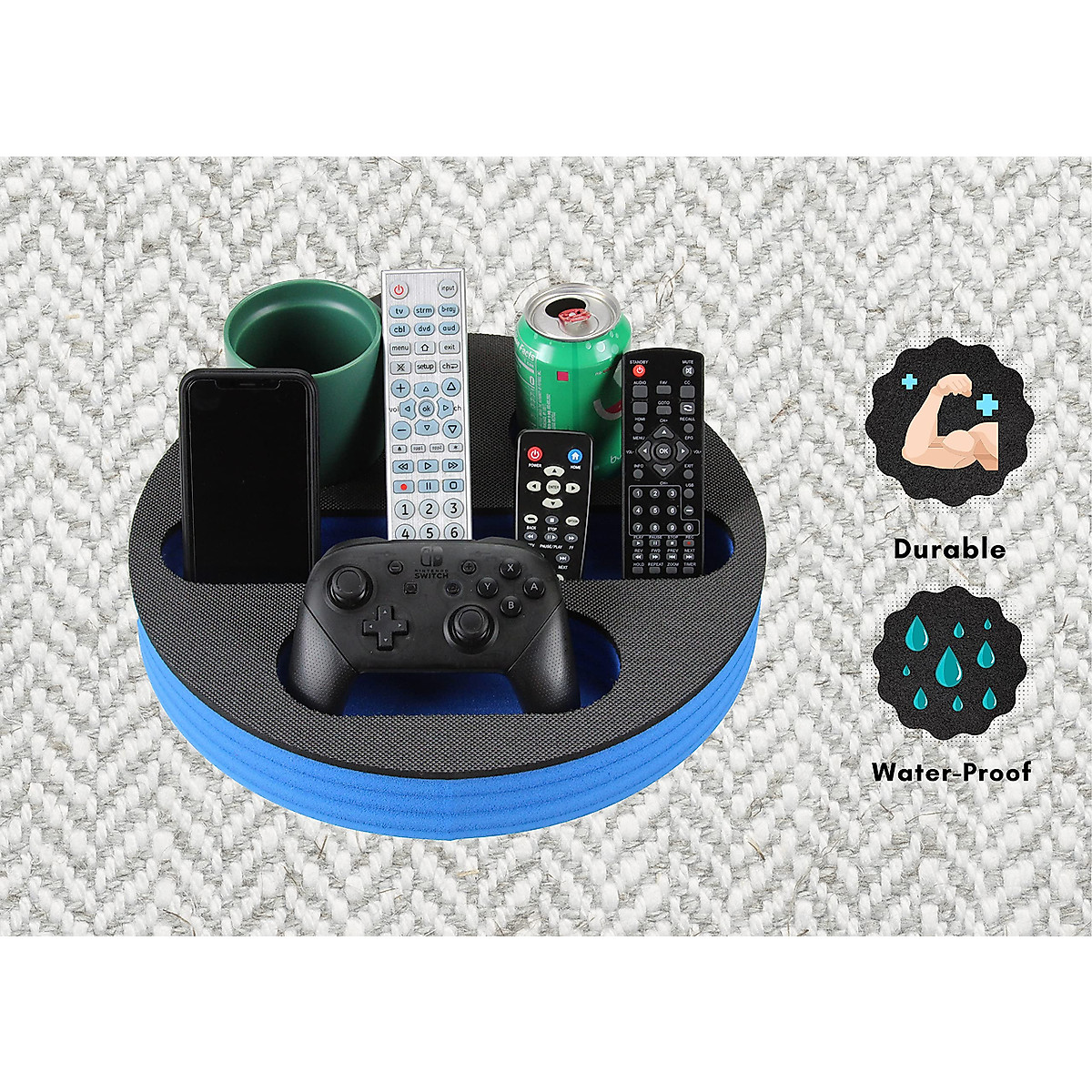 Polar Whale Couch Drink Holder Blue and Black Refreshment Tray for Sofa Bed Floor Car RV Lounge TV Room Durable Foam 4 Compartments with Game Controller Slot 13.75 Inches Wide