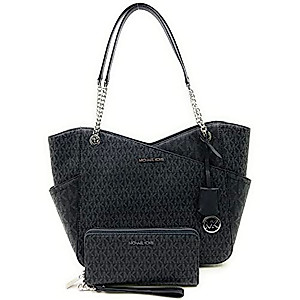 Michael Kors JST Large Chain Shoulder Tote JST Continental Wristlet (Black Signature)