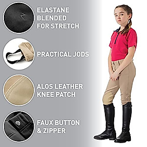HORZE Nora Girls Riding Pants | Pull-on Kids Equestrian Leather Knee Patch Jodhpur Breeches - Black - M