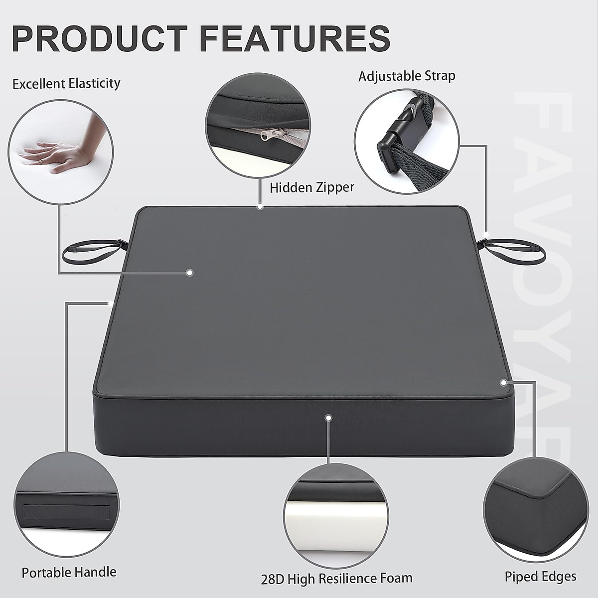 Favoyard Patio Chair Cushion 19 x 19 Inch Waterproof Outdoor Seat Cushions for Patio Furniture 3-Year Color Fastness Garden Sofa Couch Pads with Handle and Adjustable Straps Set of 2, Dark Gray