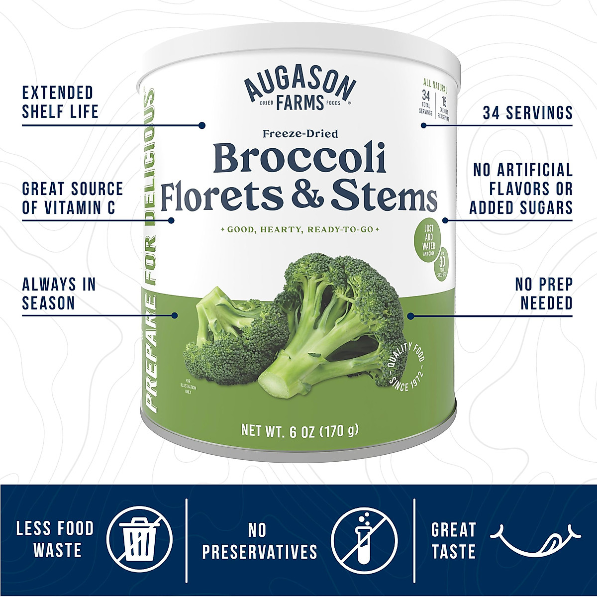 Augason Farms Freeze Dried Broccoli Florets & Stems Can, Emergency Food Supply, Everyday Meals, 34 Servings