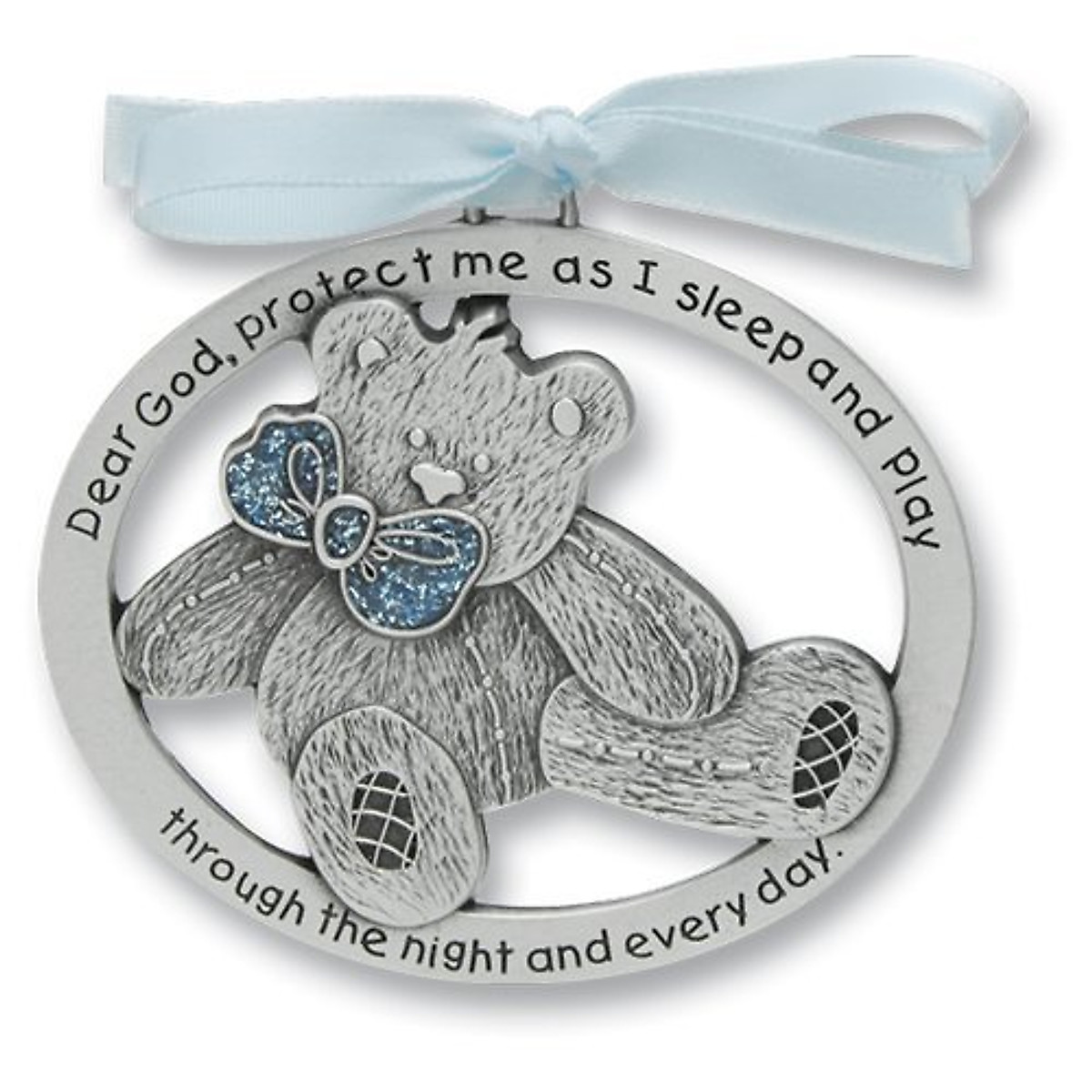 Sweet Teddy Bear Crib Medal for Baby Boy Crib Medal with Verse 2-1/2" Pewter Finish - Christening/Shower Gift/Baptism Keepsake/with Blue Ribbon- Infant - Newborn