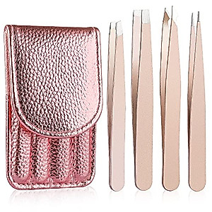 KAOBEINA Tweezers Set 4Pcs - Three Colors Available - Stainless Steel Eyebrow Tweezers - For Facial Hair, Debris & Ingrown Hair Removal(Gold)