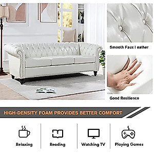 Wlvos 84" Leather Chesterfield Sofas for Living Room, Rolled Arm 3-Seater Large Couch Deep Button Nailhead Tufted Upholstered Couches for Bedroom, Office Apartment Easy to Assemble (Beige)