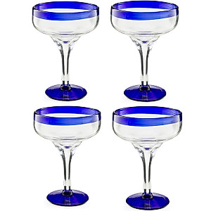 Mexican Hand Blown Glass – Set of 4 Large 16oz, Cobalt Blue Rim Line, Luxury Margarita & Cocktail Glasses, Mexico Design Large 16oz Cobalt Cinco de Mayo - The Wine Savant, Dishwasher Safe Glassware
