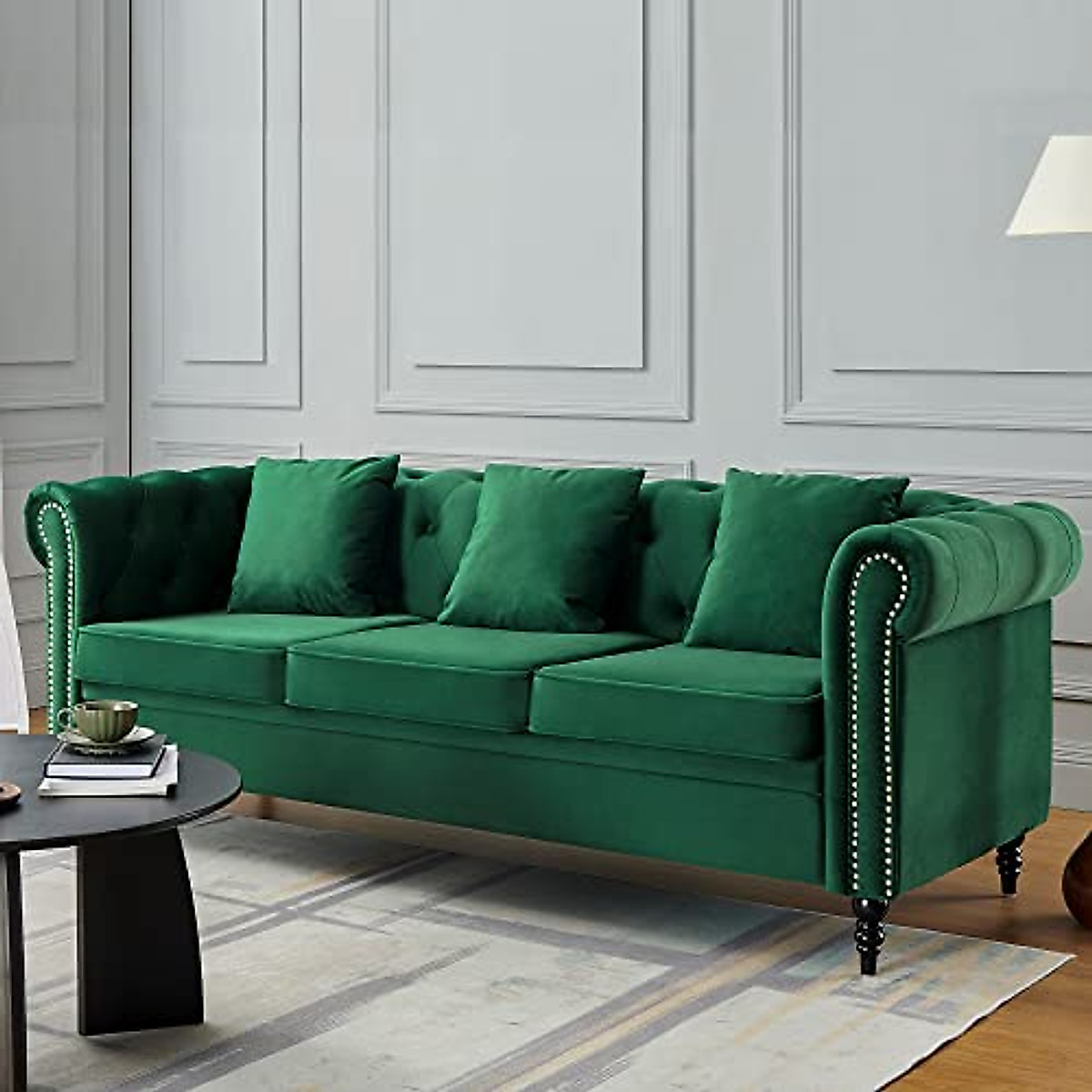 kinmars Chesterfield Sofa Velvet,3 Seater Couch Furniture,Couches for Living Room with Deep Button Tufting,Large Sofa with Rolled Arms (Green)
