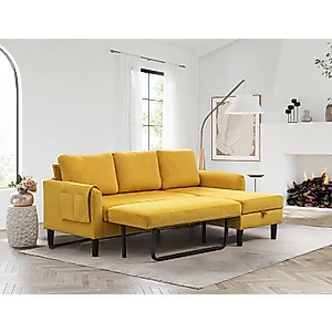 Modern Velvet Pull Out Sleeper Sofa Bed with Chaise, Comfy L Shaped Convertible Sleeper Couch with Storage and Pocket, Sectional 3 Seat Couch for Living Room Furniture or Office, Smooth Back - Yellow