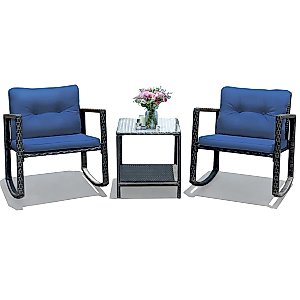 Tangkula 3 Pieces Patio Wicker Rocking Bistro Set, Outdoor Rocking Chair Furniture Set w/Cushioned Seat, Conversation Set w/Glass Coffee Table and Storage Shelf (Navy Blue)