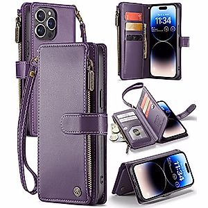 CaseMe iPhone 14 Pro Max Wallet Case, iPhone 14 Pro Max Case with Card Holder, iPhone 14 Pro Max Leather Case for Women Men, Premium iPhone 14 Pro Max Case with Kickstand Strap Zipper, Purple