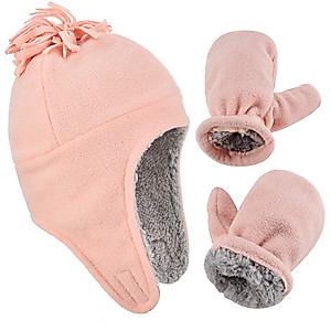 Toddler Winter Hat with Mitten Set - Baby Kids Sherpa Lined Warm Fleece Cap Set with Ear Flaps (Pink, L)