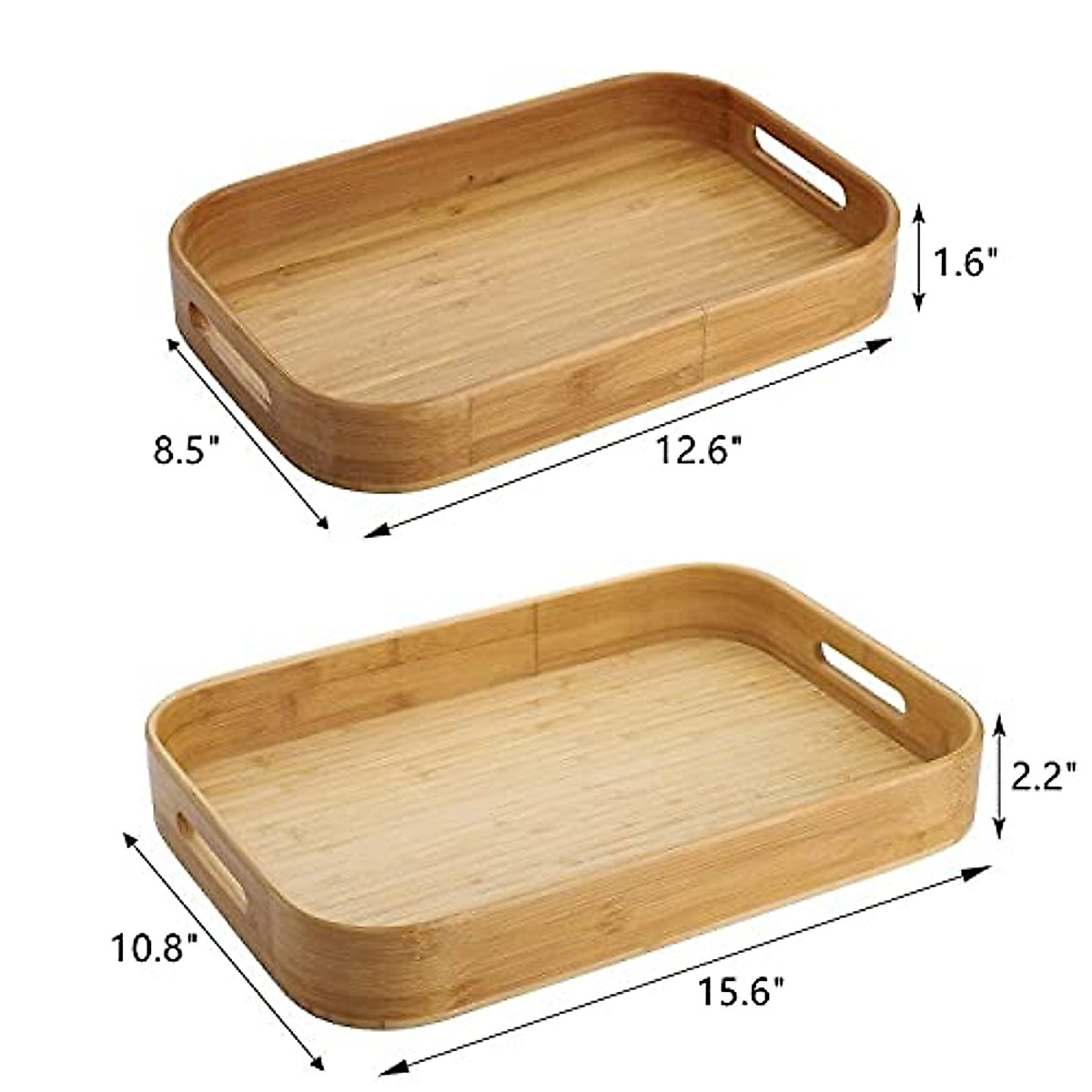Dicunoy Set of 2 Bamboo Serving Tray, Solid Wood Breakfast Tray with Handles, Large Bamboo Food Tray Great for Dinner, Tea, Coffee, Bar, Parties, 15.6" L x 10.8" W /12.6" L x 8.5" W