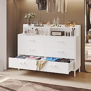 Hasuit White Dresser for Bedroom with 6 Drawers and Storage Shelves, Wide Chest of Drawers with Sturdy Steel Legs, Large Wooden Storage Tower Dresser Organizer, Dresser for Bedroom, Clost, Entryway