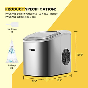 VIVOHOME Electric Portable Compact Countertop Automatic Ice Cube Maker Machine with Hand Scoop 10 Ice Bags and Self Cleaning Function 27lbs/Day Silver