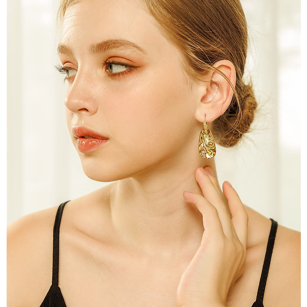 OZEL – Teardrop Earrings for Women,14K Gold Plated Hammerd Earings for Women Trendy, Made of Resin with Mother Of Pearl – Abalone (101Abalone)