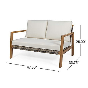 Christopher Knight Home Diana Outdoor Acacia Wood Loveseat with Wicker Accents, Teak Finish, Gray, Beige