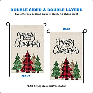 Merry Christmas Garden Flag Buffalo Plaid Tree 12x18 Double Sided, Rustic Xmas Farmhouse Seasonal Holiday Small Mini Burlap Yard Flag for Outside Outdoor Decoration