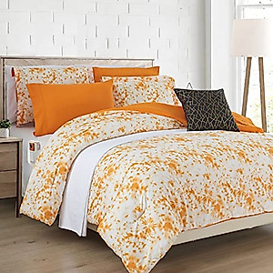 Elegant Comfort Reversible 10-Piece Comforter Set, Tie-Dye Print, Decorative Pillow and Fitted Sheet with Smart Pockets, Soft, Plush, Lightweight Material, 10pc Tie-Dye Set, King, Orange