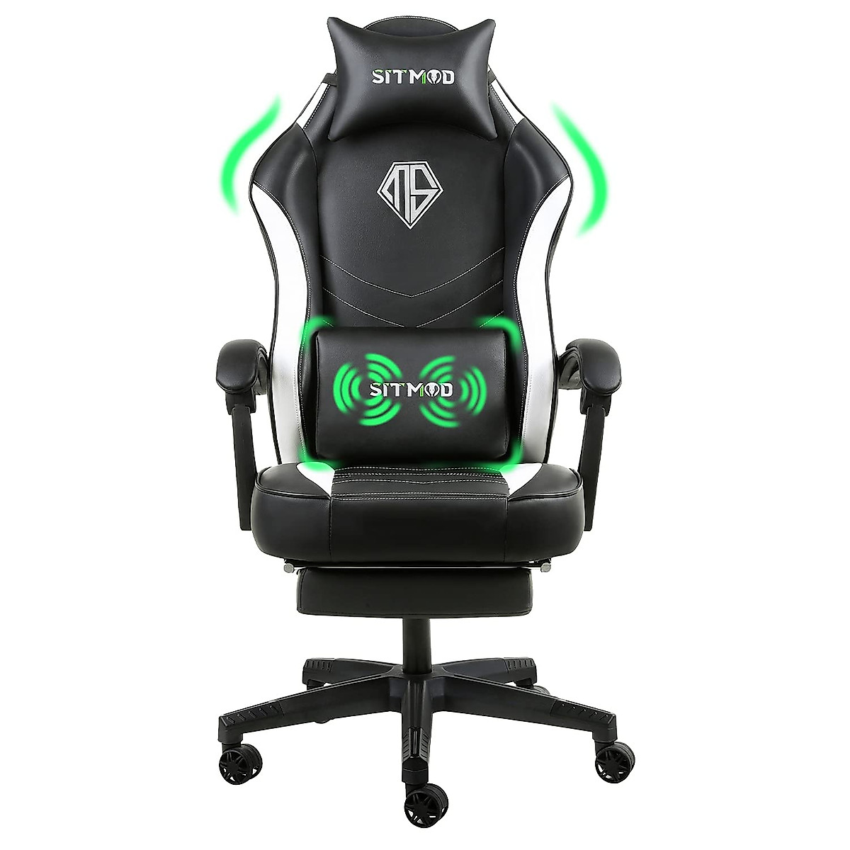 SITMOD Gaming Chair with Footrest-PC Computer Ergonomic Video Game Chair-Backrest and Seat Height Adjustable Swivel Task Chair for Adults with Headrest and Lumbar Support(Black-White)-PU Leather