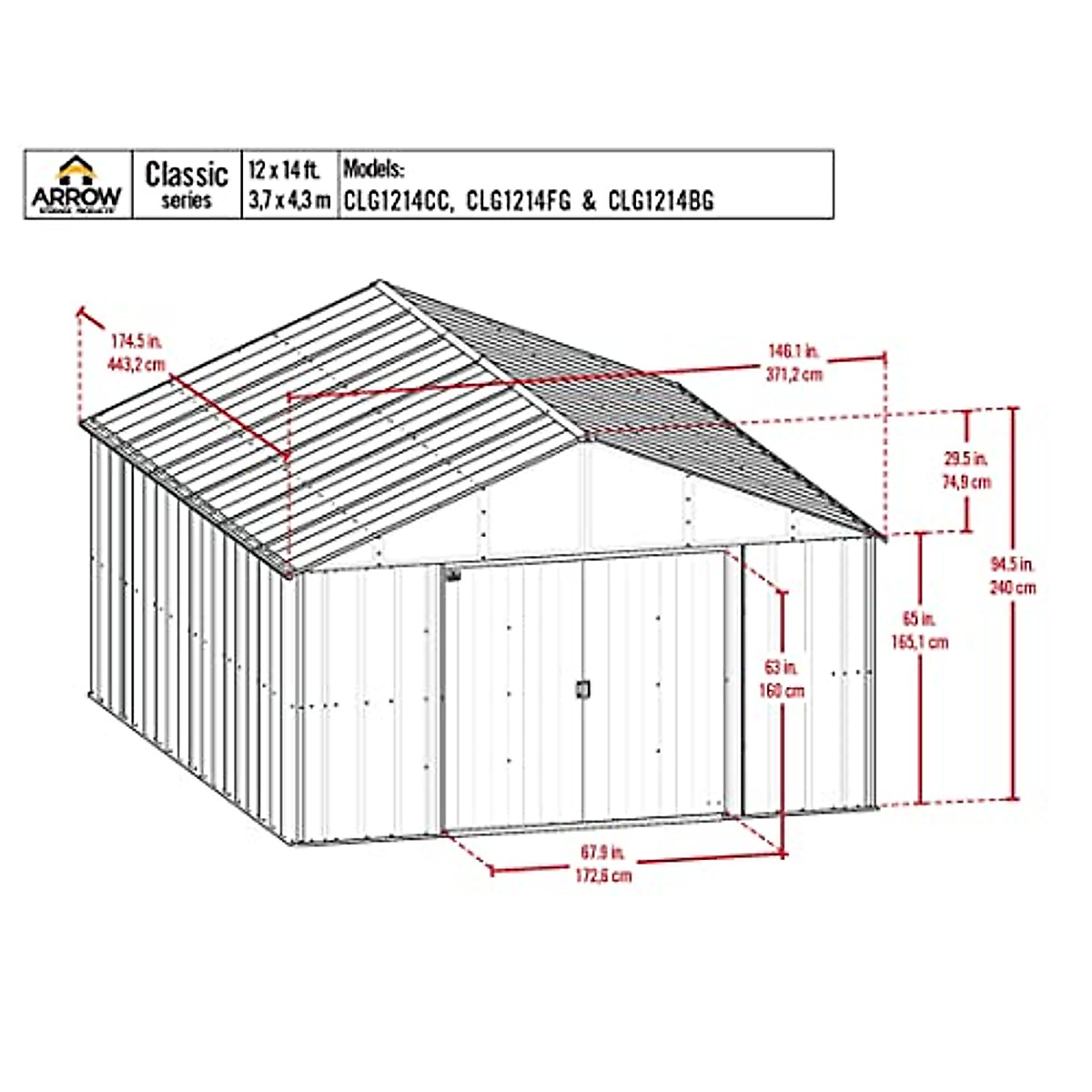 Arrow Sheds Classic 12' x 14' Outdoor Padlockable Steel Storage Shed Building, Charcoal