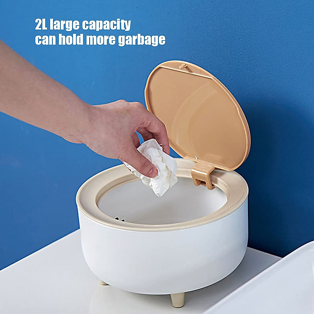 LVOERTUIG Desktop Trash Can with Lid,2L Press-Type Mini Trash Can,Portable Desk Rubbish Bin Bed Office Trash Can Waste Basket Compact Covered Closable Trash Bin(White)