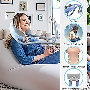 Linkidea Neck Pillow Phone Holder for Bed, 2 in 1 Adjustable Gooseneck Cell Phone Stand with 360 Clip, Flexible Tablet Arm Pillow for Neck, Compatible with Smartphone Size from 4"-10" (Blue)