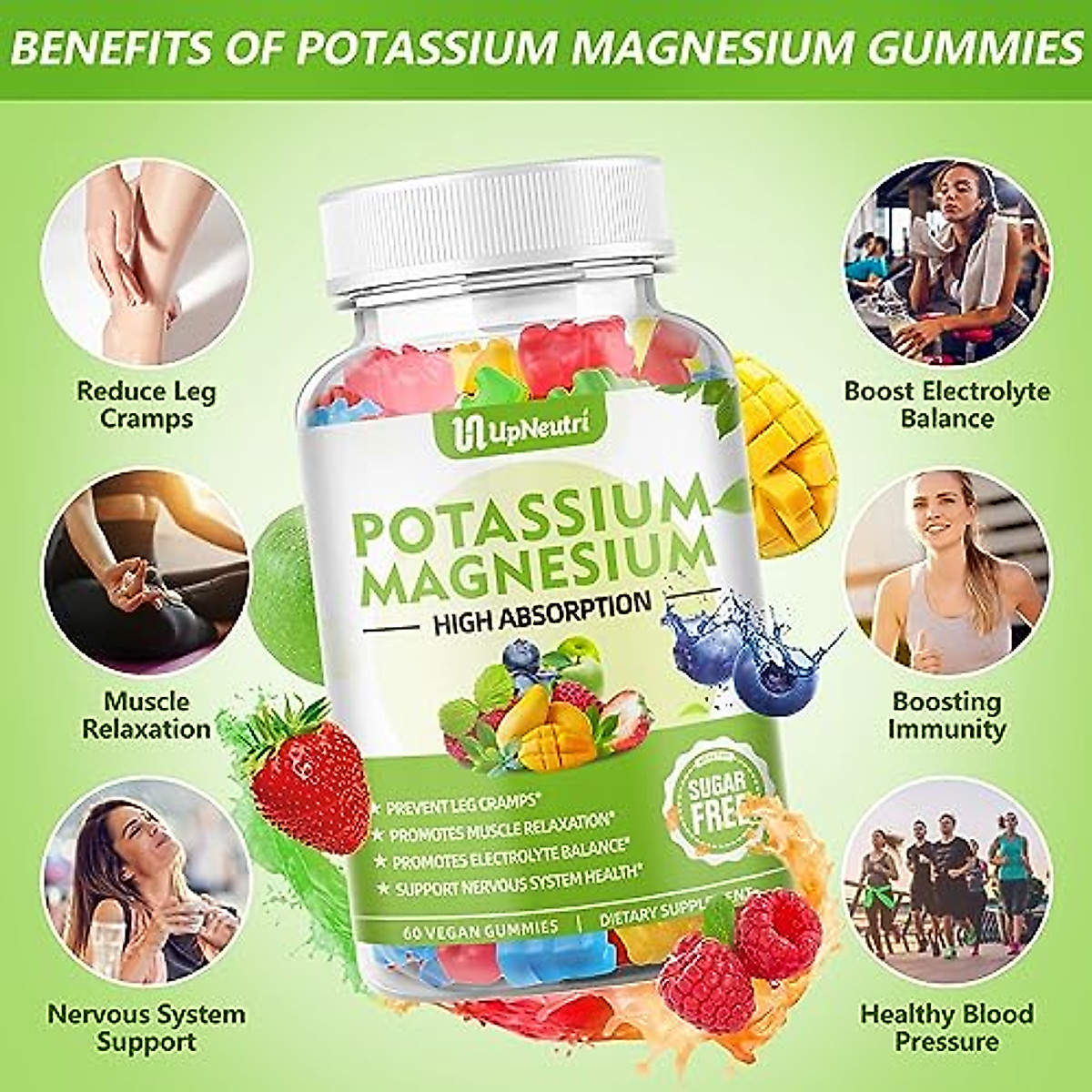 Potassium Magnesium Supplement Gummies for Adults Kids, Sugar-Free Potassium Gummies Supports Leg Cramps & Muscle & Immune Health, High Absorption Vegan Magnesium Gummies 5 Fruit Flavor 60 Cts