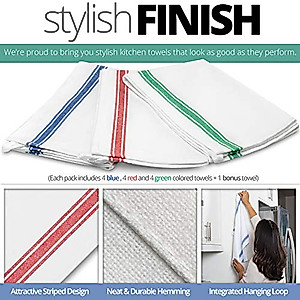 Aunti Em's Kitchen Dish Towels Set (13 Pack) for Kitchen Decor Super Absorbent 100% Natural Cotton Zero-Lint - 25.5 x 15.5 Inch (13-Pack Red, Green & Blue Stripes)