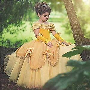 CinheyU Girls Belle Princess Birthday Dress Beauty and the Beast Costume Halloween Christmas Cosplay Party Ball Gown Yellow 000 8-9T