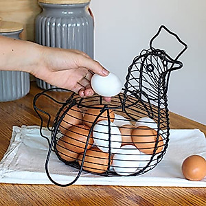 Rural365 Chicken Egg Basket - Chicken Shaped Decorative Black Metal Wire Basket Farm Style Kitchen Egg Collecting Basket