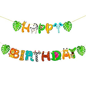 Safari Animal Happy Birthday Banner, Jungle Theme Party Decoration for Safari Zoo Forest Animal Party, Kids Wild One Birthday Baby Shower Supplies