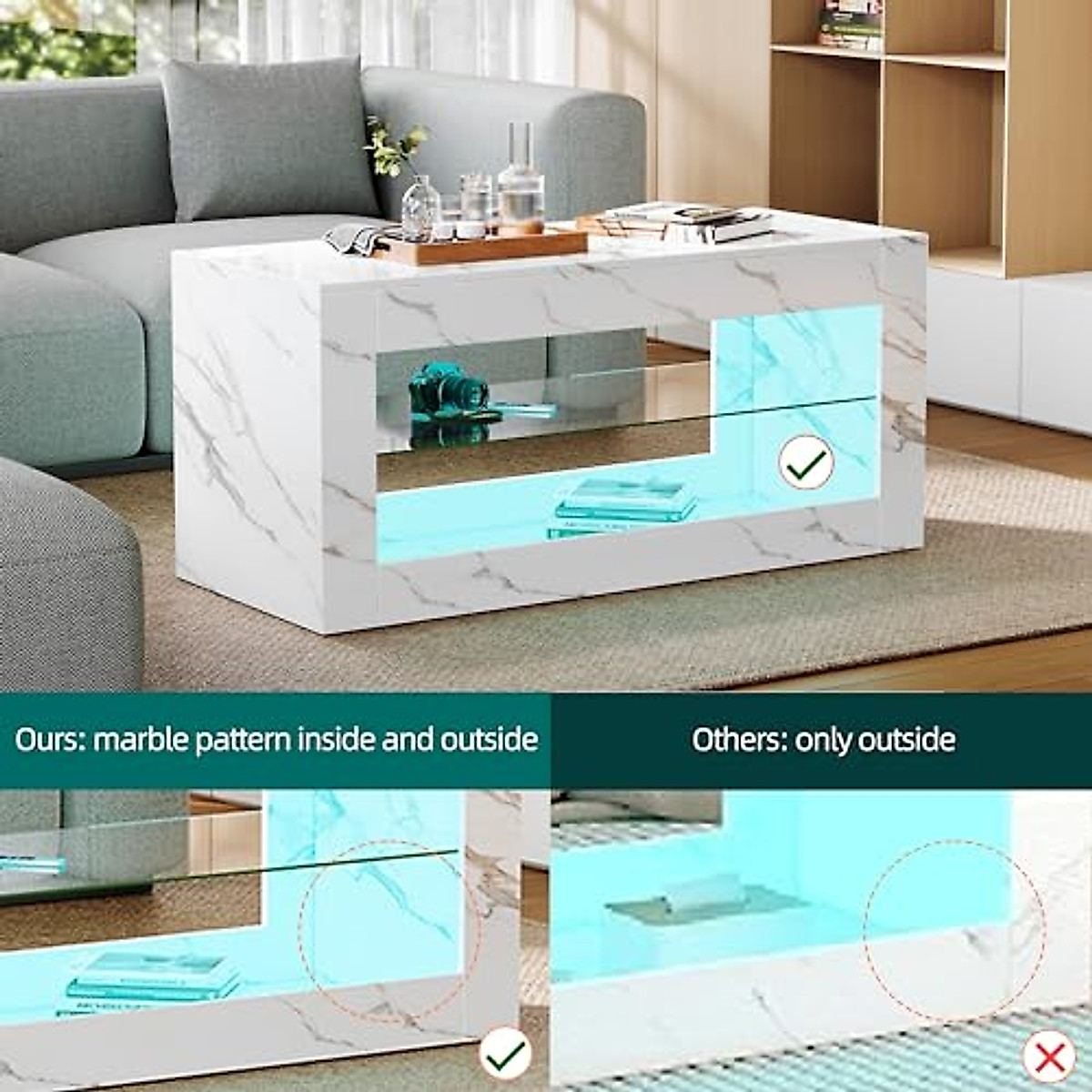 Coffee Tables for Living Room, Modern High Gloss Marble Print Center Table with Glass Open Storage and LED Lights - Stylish Home Decor for Coffee and More, White with Gloss