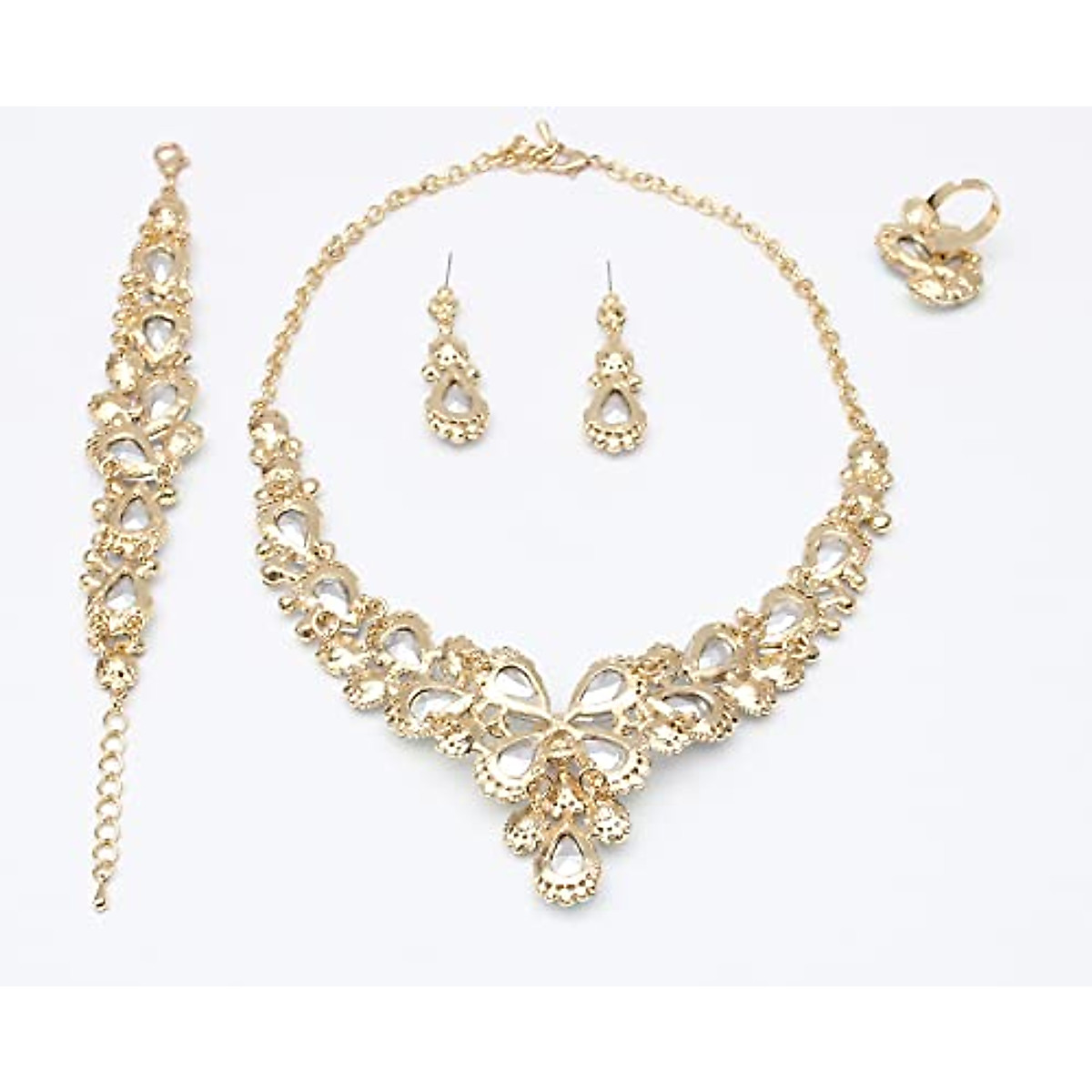 QYJ Women’s Wedding Bridal Austrian Crystal Glass Teardrop Statement Necklace Dangle Earrings Bracelet Ring Wedding Party Jewelry Set for Bridal Bridesmaid (AB Crystal-Gold Plated)