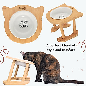 Rênasci® Elevated Ceramic Cat Food Dish Bowl, Adjustable Height, Raised Eco-Bamboo Wood Rack, Sturdy Pet Feeder, Tilted Angle