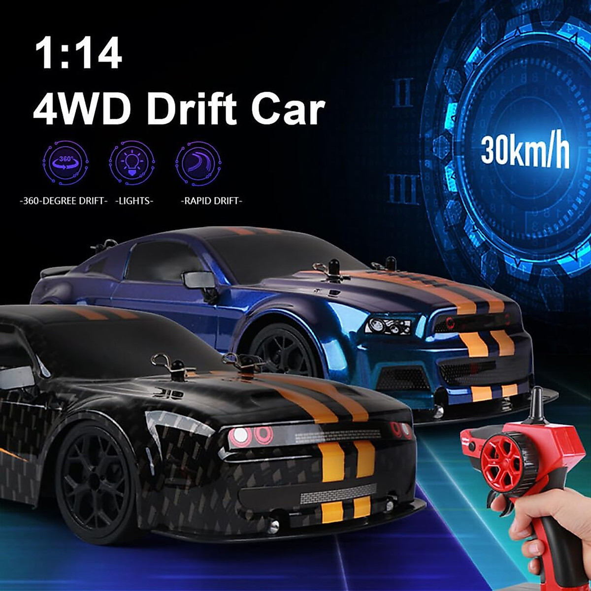 Apawband RC Drift Car 1/14 Scale RC Car RTR Remote Control Race Cars Drifting Toy for Boys Kids 4WD 30KM/H RC Vehicle with LED Lights Drift Tires + Racing Tires
