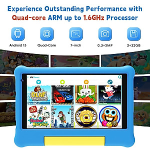 ApoloSign Kids Tablet 7 inch, 2+32GB Storage, Android 13 Tablet for Kids, Parental Control, Pre-Installed Educational Apps & YouTube Kids, 3000mAh Battery, Dual Cameras, EVA Protective Case, Blue