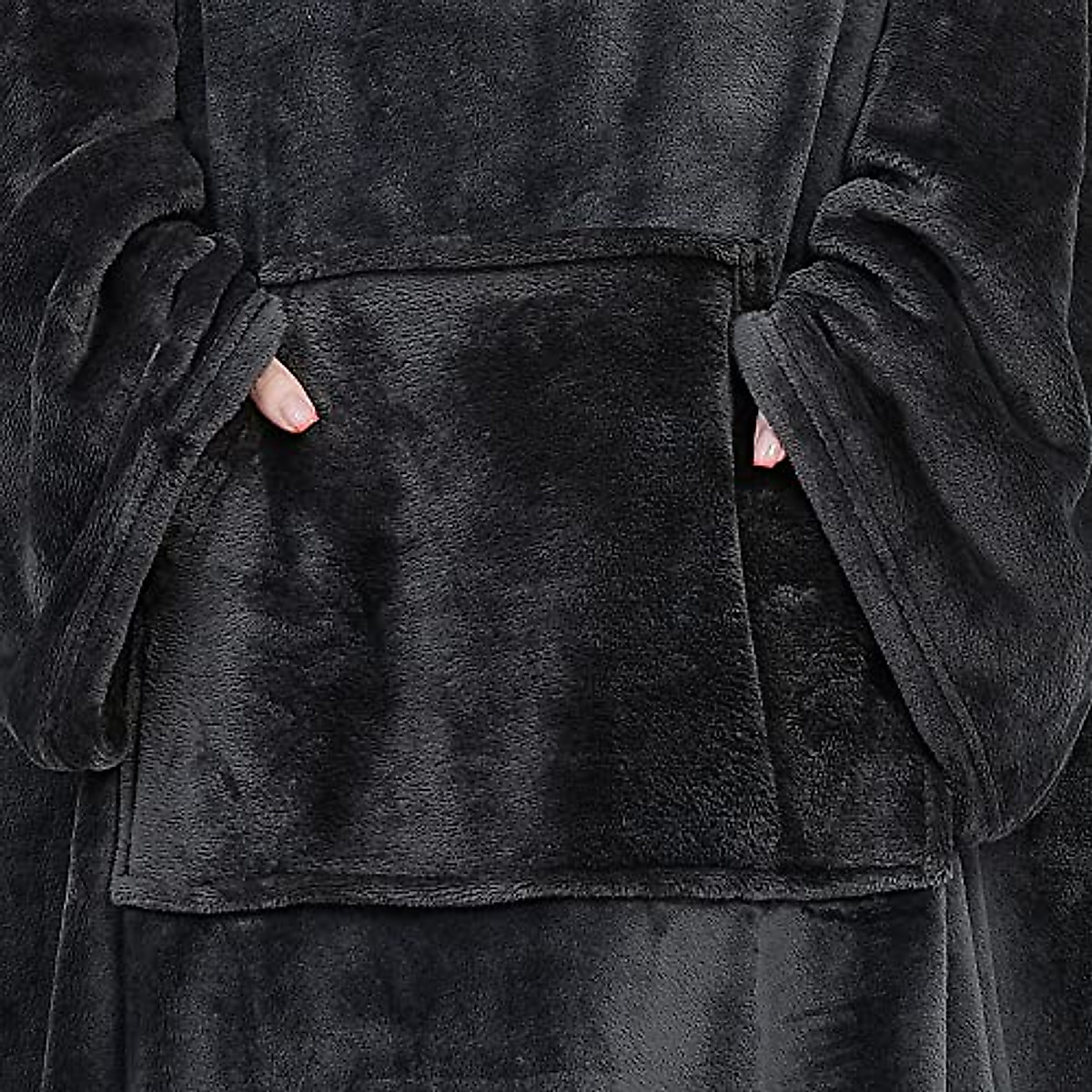 Fleece Wearable Blanket with Sleeves and Foot Pocket for Adult Women Men, Plush Throw with Adjustable Hook & Loop for Lounge Couch Reading Watching TV 79" x 67" Charcoal