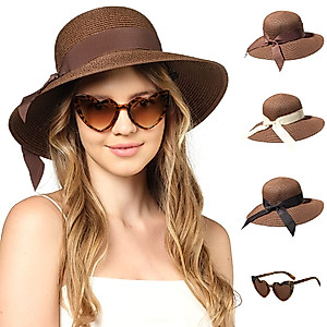 Funcredible Brown Summer Fedora Hat for Women - Wide Brim Straw Beach Hat with Bow and Heart Shape Glasses - UPF 50+ Packable Panama Hat for Women