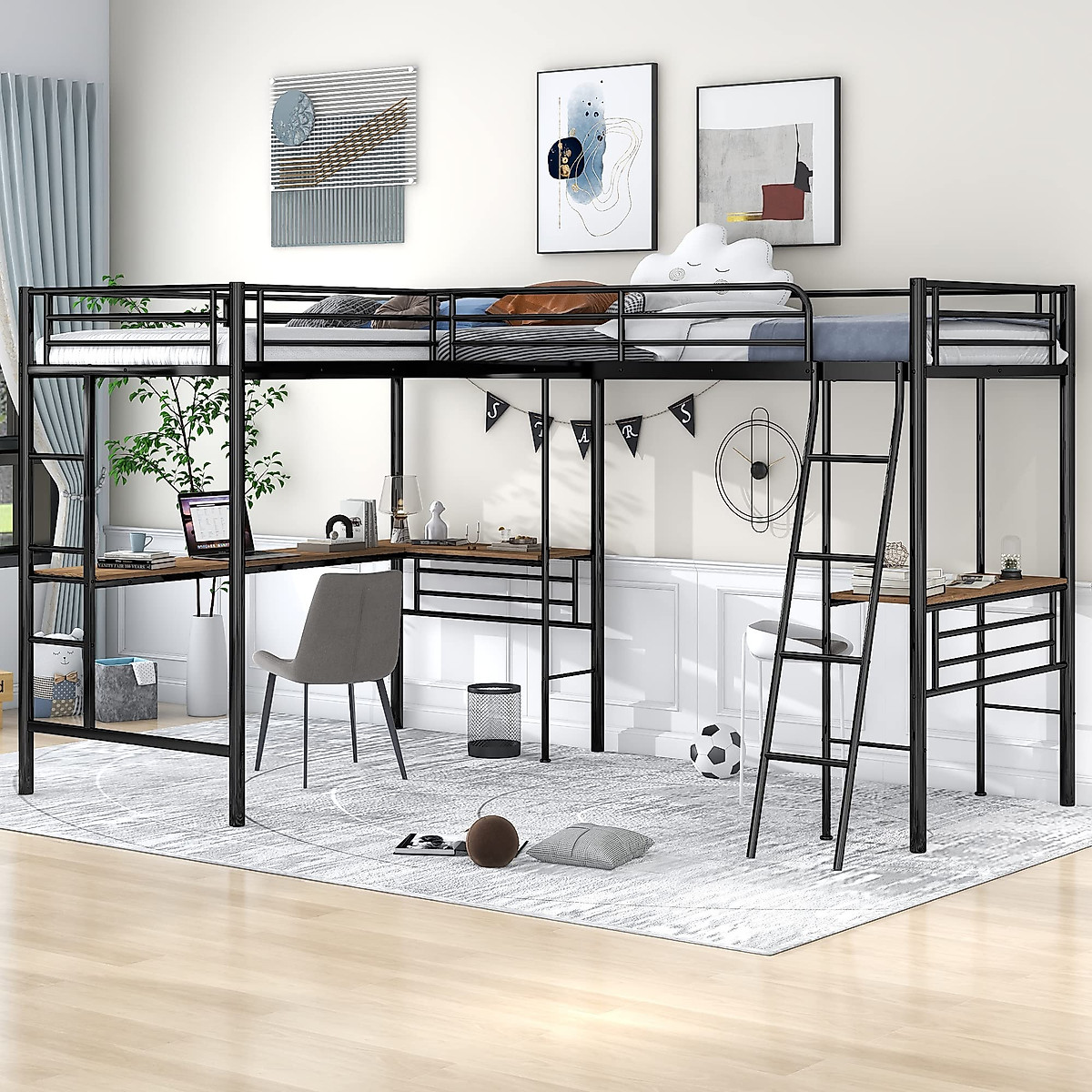 Quarte Simple Metal L-Shaped Loft Bed with Two Built-in Desks,Guardrails and Ladders,for Family Kids Teens,No Box Spring Needed