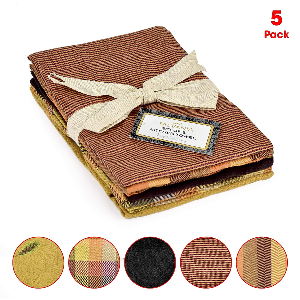 TALVANIA Holiday Harvest Kitchen Dish Towels Pack of 5 Dish Cloths– Durable Quality Hand Towel 16" X 26" – Elegant All Purpose Fall Theme Kitchen Towel Set – Easy Clean – Ideal Gift Thanksgiving