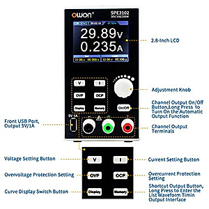 OWON SPE3102 Programmable Lab Power Supply (0-30V 0-10 A), 200w Bench DC Power Supply with 2.8inch LCD Display and Output Enable/Disable Button,Single Channel Output with PC Software and USB Charging