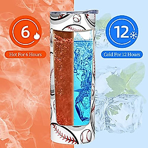 Stainless Steel Skinny Tumbler Baseball Pattern Travel Cup 20 Oz Double Wall Slim Insulated Coffee Mug With Splash Proof Lid & Straw & Cleaning Brush For Home Office