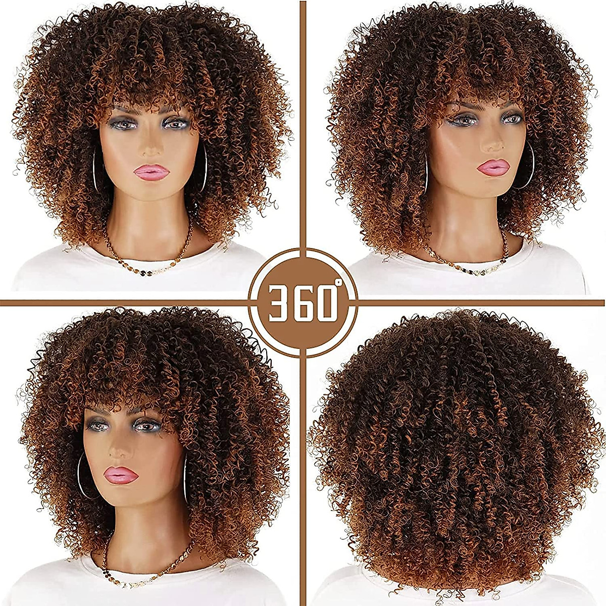 LINGHANG Short Curly Afro Wigs with Bangs for Black Women, Brown Afro Kinky Curly Wigs for Black Women Synthetic Heat Resistant Fluffy Brown Wigs (Ombre Brown)